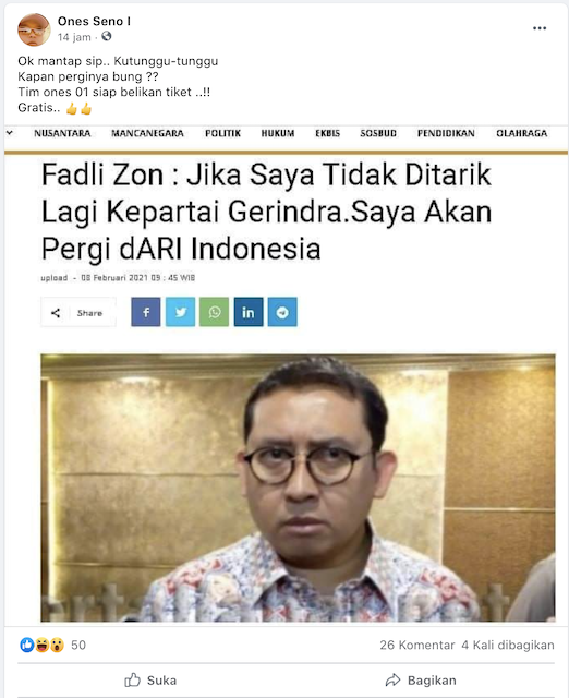 [Cek Fakta] Fadli Zon akan Pergi dari Indonesia jika tidak Ditarik lagi ke Gerindra? Ini Faktanya